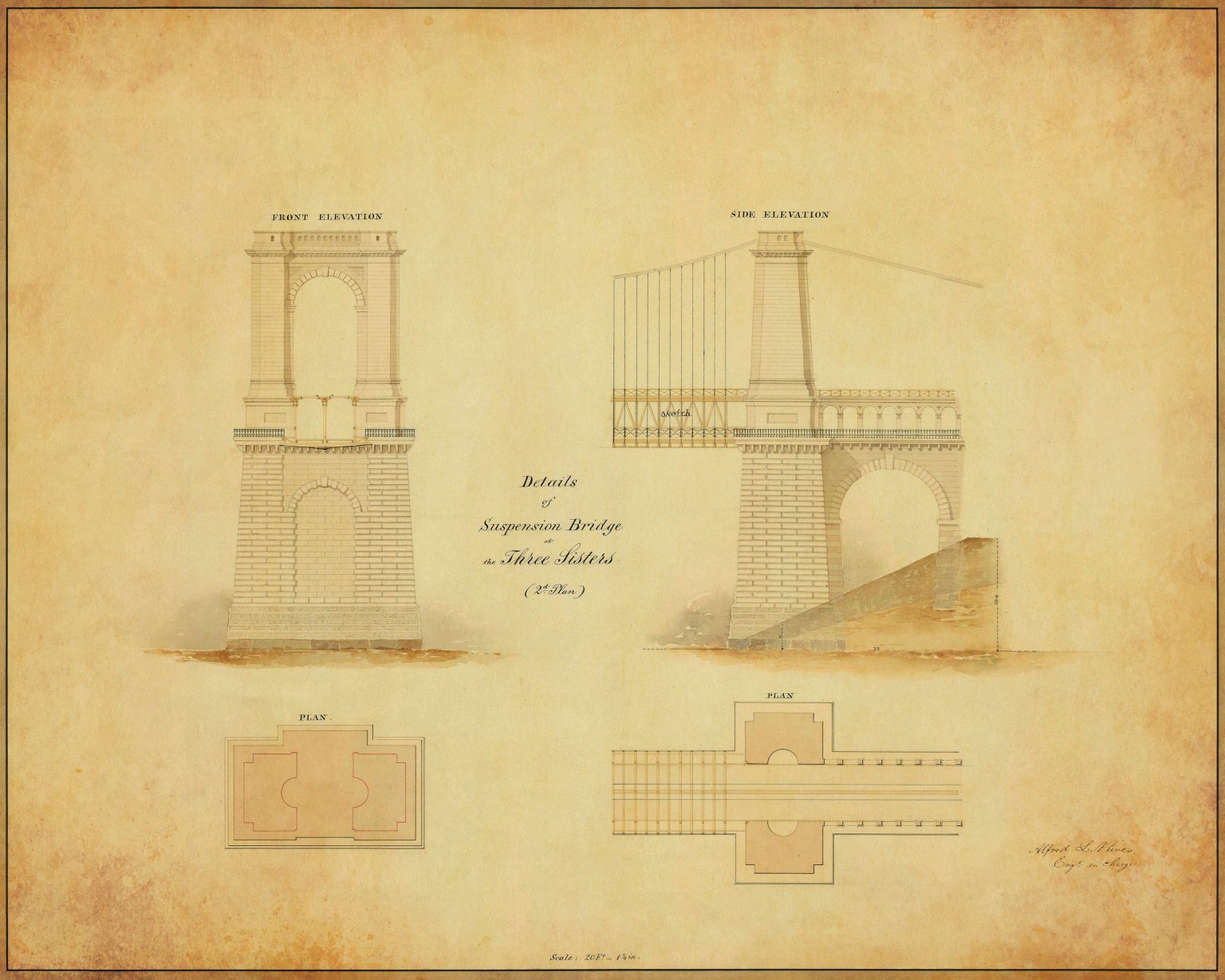 Three Sisters Suspension Bridge Detail Drawing – Poster, Drawing ...