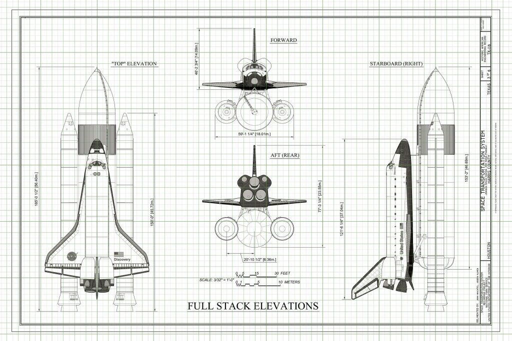 Space Shuttle Blueprint Elevation View Poster- Discovery Shuttle ...